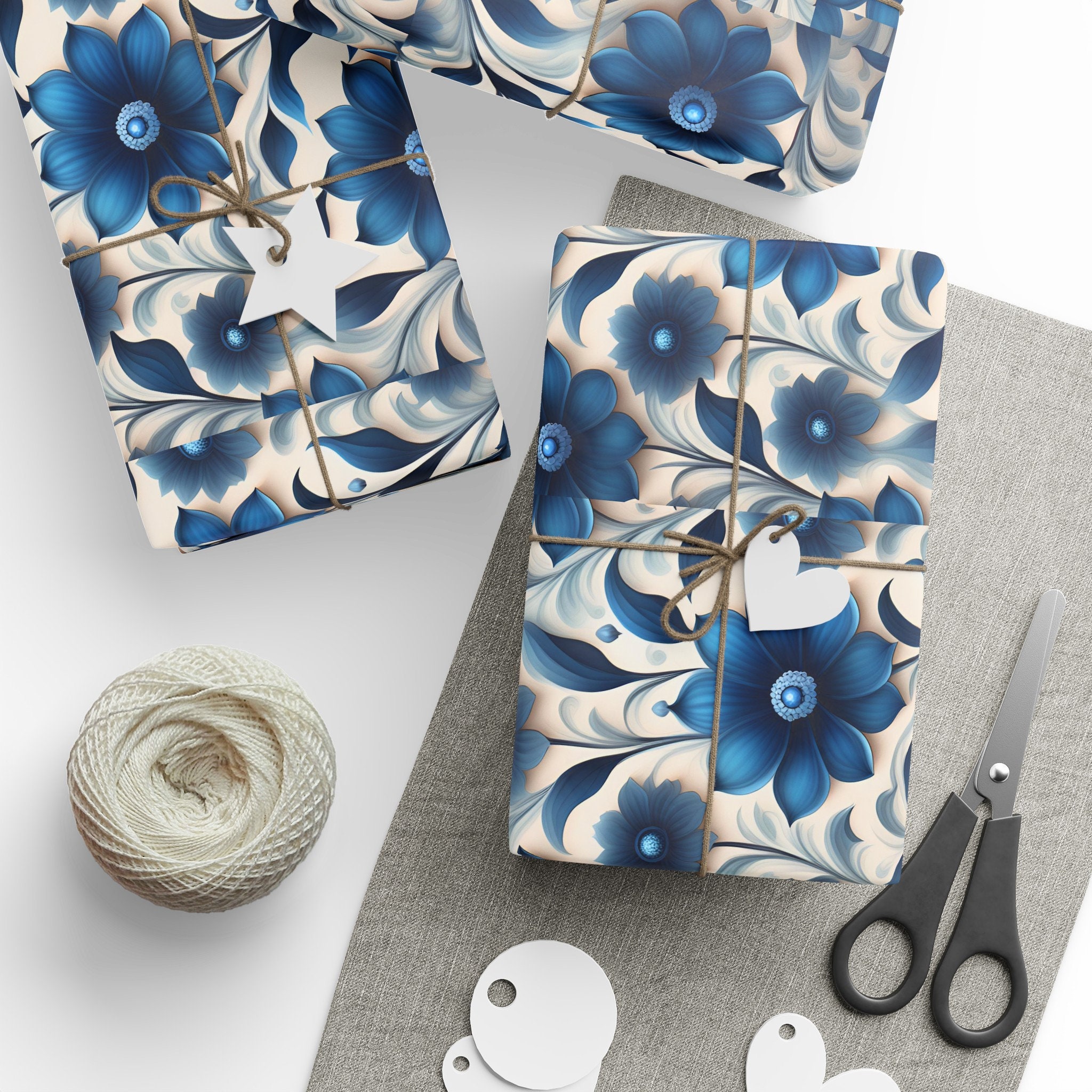 Classy Blue Floral Pattern Luxury Wrapping Paper, Decorative Flower ...