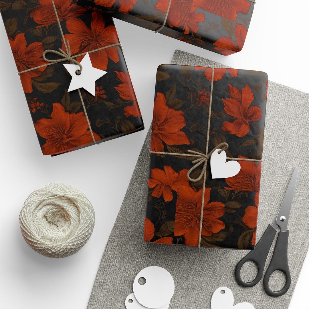 Burnt Orange Floral Pattern Luxury Wrapping Paper, Decorative Flower ...