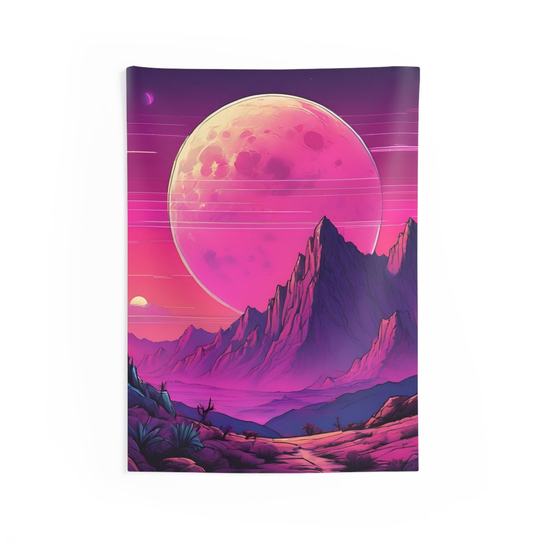 Synthwave Moon and Mountain Wall Tapestry, College Landscape Hanging ...