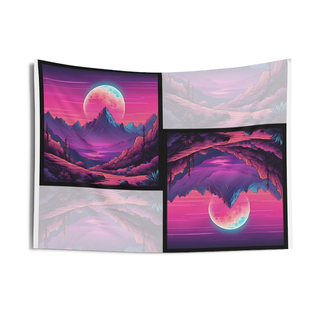 Geometric Synthwave Moon Over Mountain Wall Tapestry, Eclectic Abstract ...