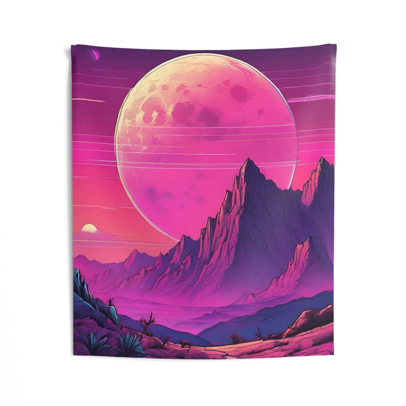 Synthwave Moon and Mountain Wall Tapestry, College Landscape Hanging ...