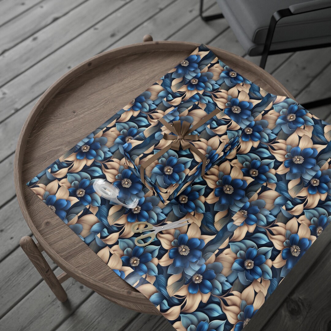 Elegant Blue Floral Wrapping Paper, Flower Print Giftwrap - Etsy