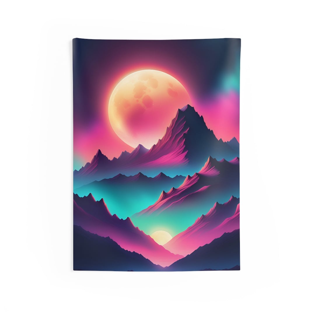 Vivid Synthwave Moon Over Mountain Wall Tapestry, UV Landscape Hanging ...