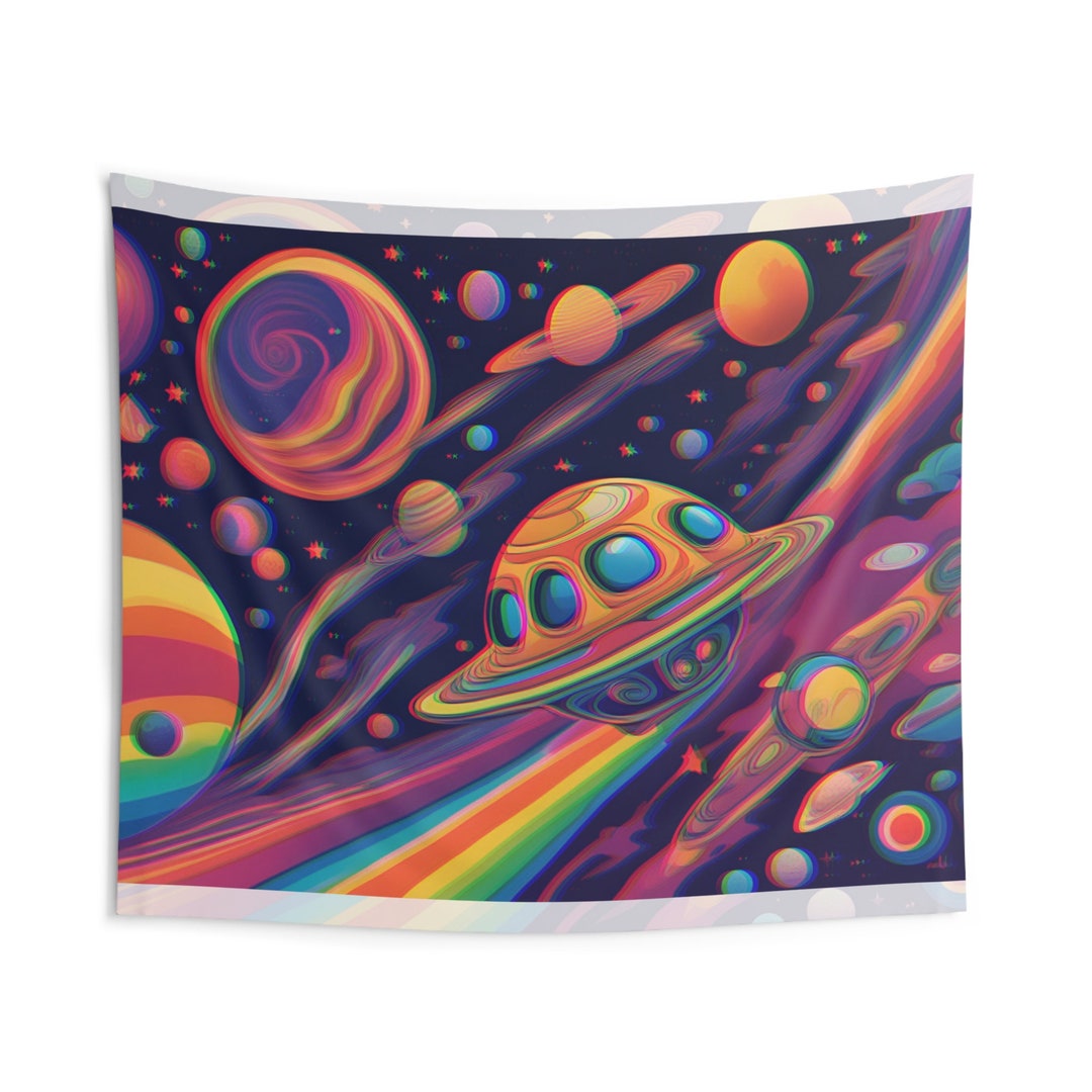 Retro Spaceship Trippy Space Wall Tapestry, Psychedelic Technicolor ...