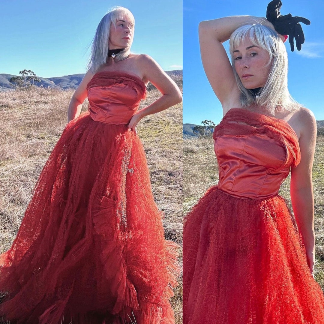 1940s Vintage Red Tulle Gown 40s Satin Cocktail Prom Dress 50s - Etsy
