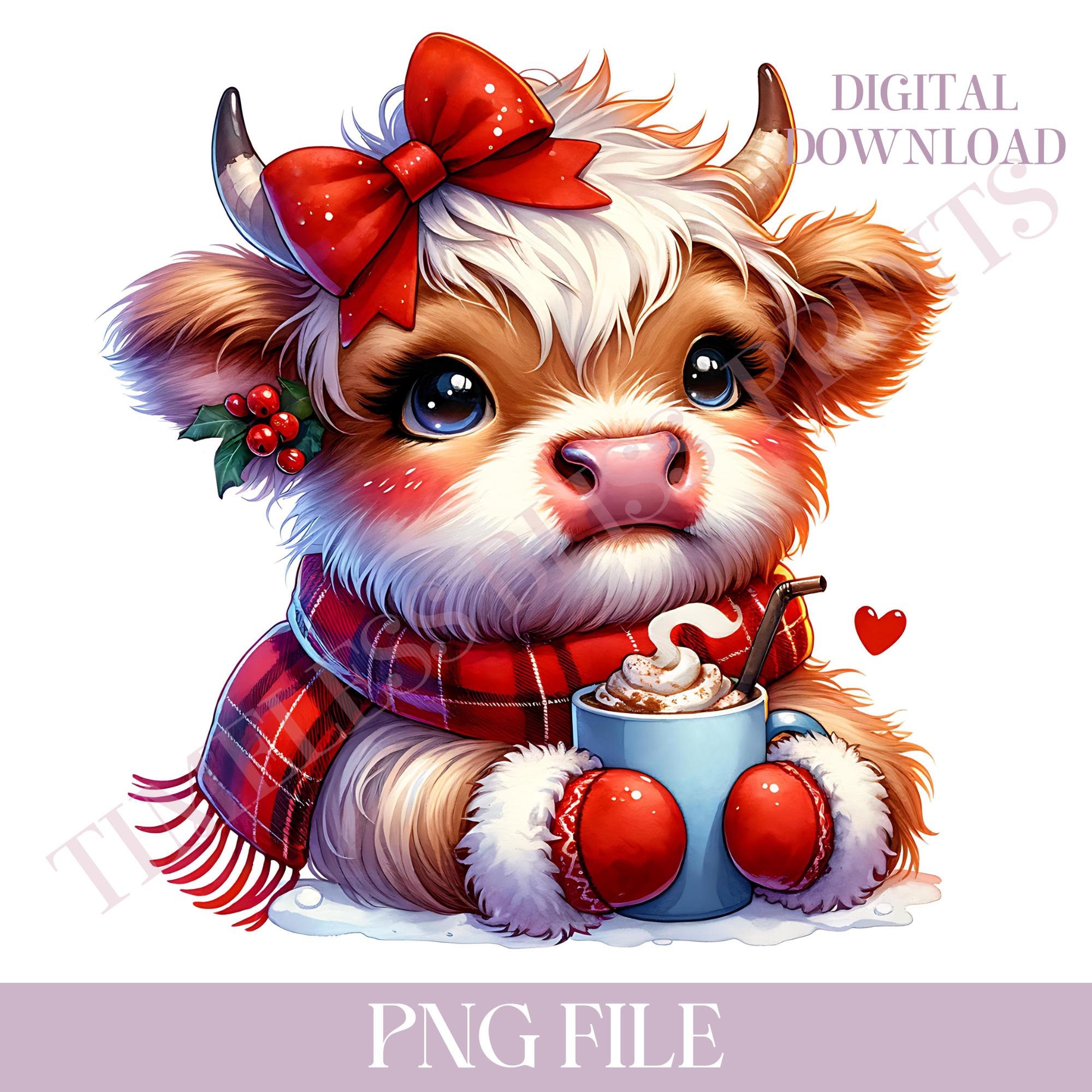Highland Cow Winter PNG | Cute Highland Cow Clipart Drinking Hot Cocoa ...