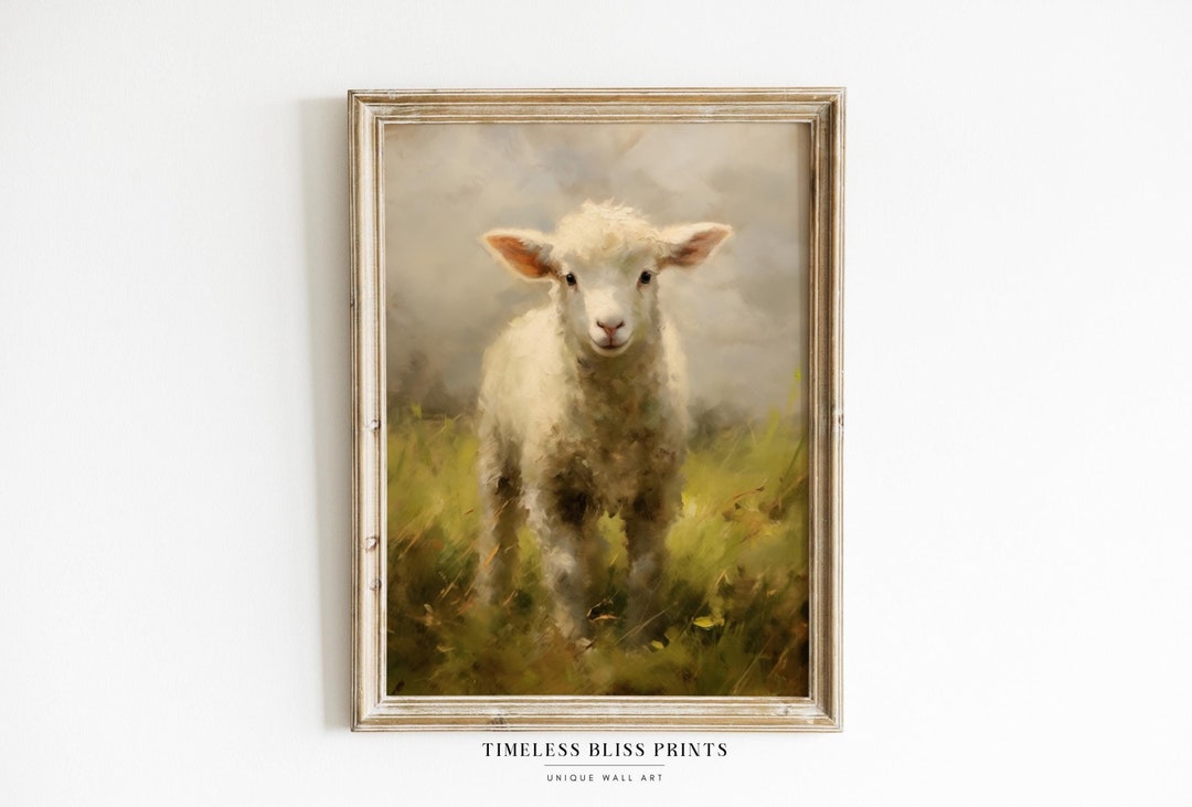Lamb Spring Meadow Printable Painting | Sheep Flower Field Vintage ...