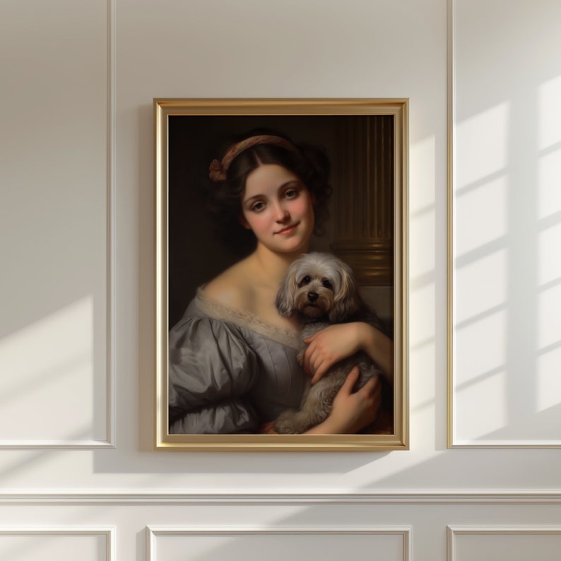 Victorian Woman Cuddling Dog Print Wall Art | Antique Style Portrait ...