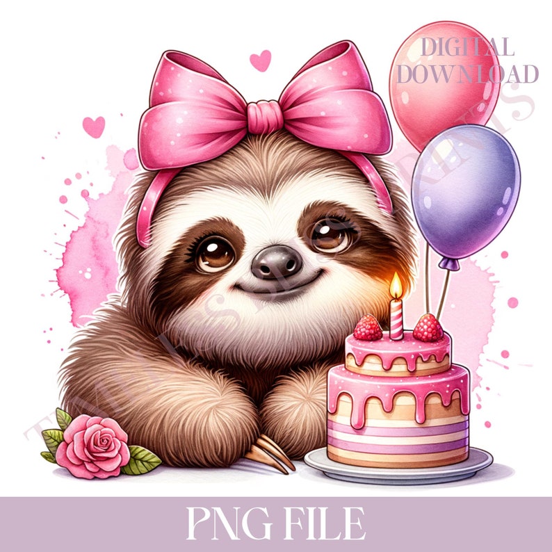 Cute Sloth Birthday Clipart | Coquette Pink Bow Girl Sloth PNG Balloons ...