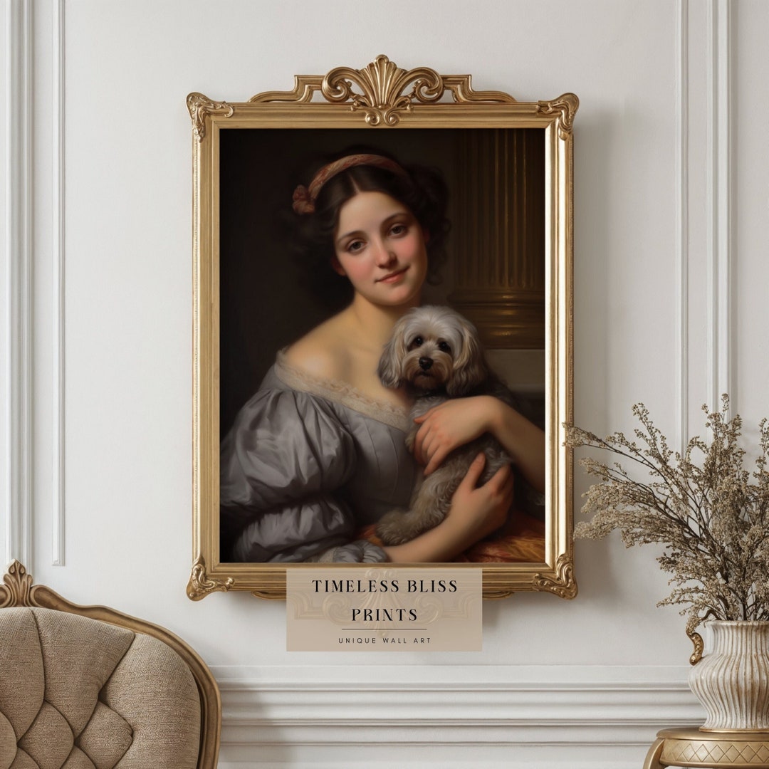 Victorian Woman Cuddling Dog Print Wall Art | Antique Style Portrait ...