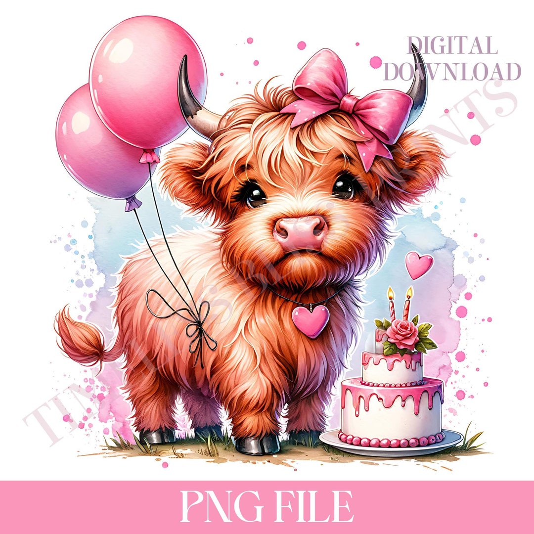 Cute Highland Cow Birthday Clipart | Coquette Pink Bow Highland Cow PNG ...