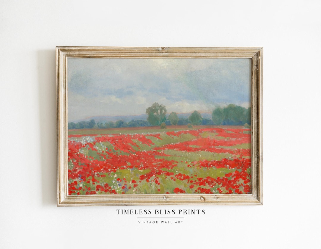Simple Red Flower Field Painting Digital Download | Antique Flowers ...