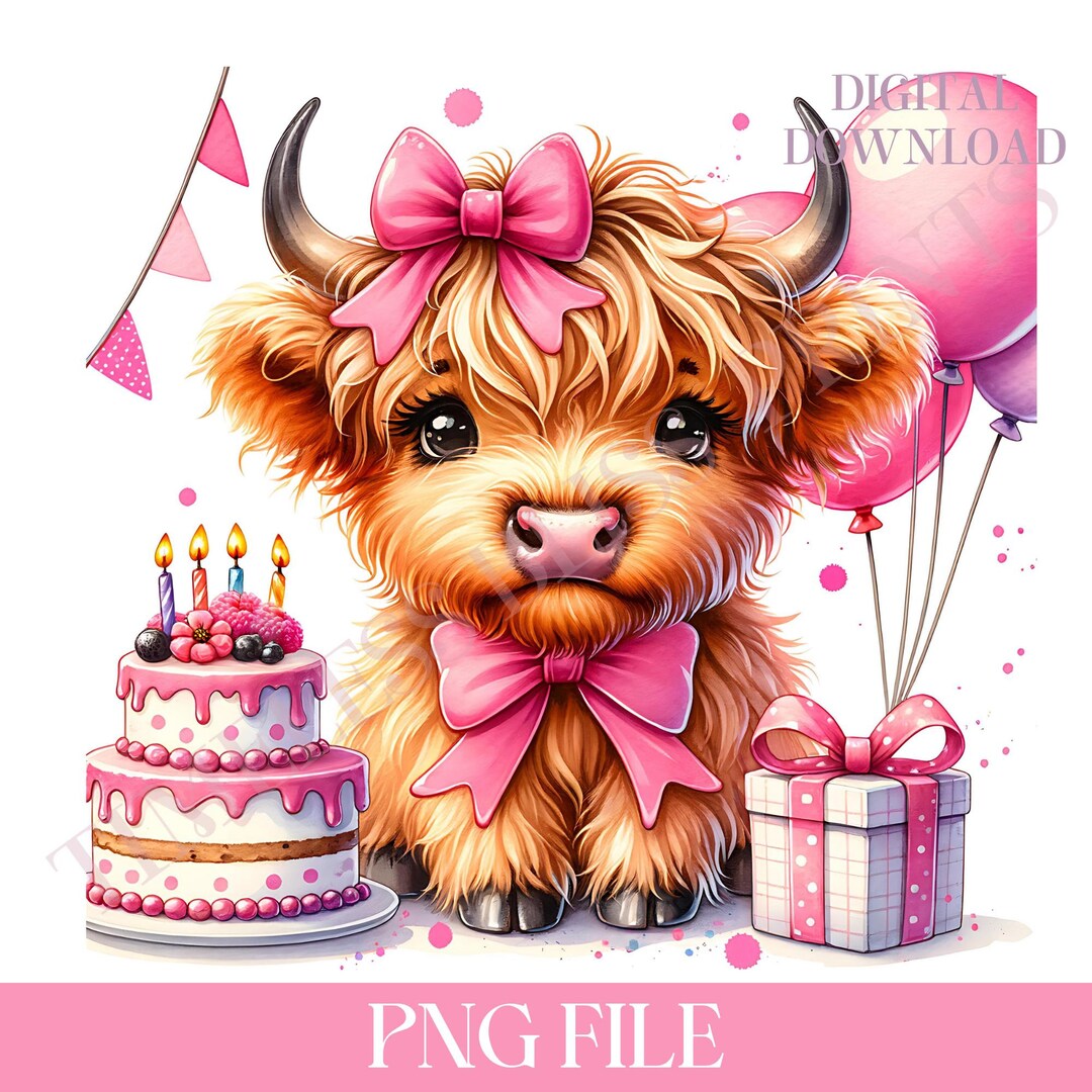 Cute Highland Cow Birthday Clipart | Coquette Pink Bow Highland Cow PNG ...