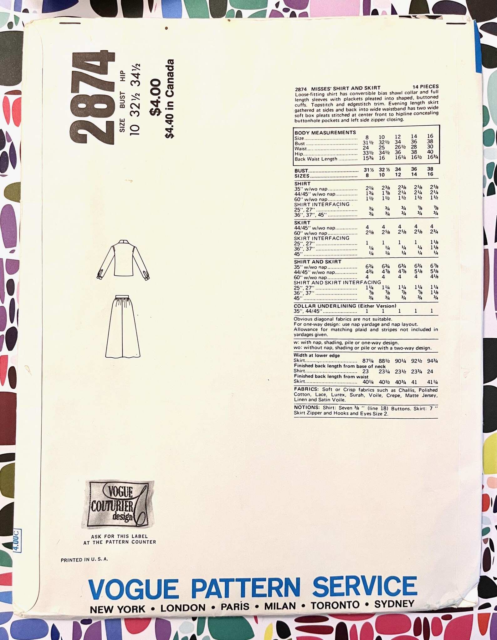 Vintage 1970's Pucci Women's Shirt and Evening Skirt Sewing Pattern ...