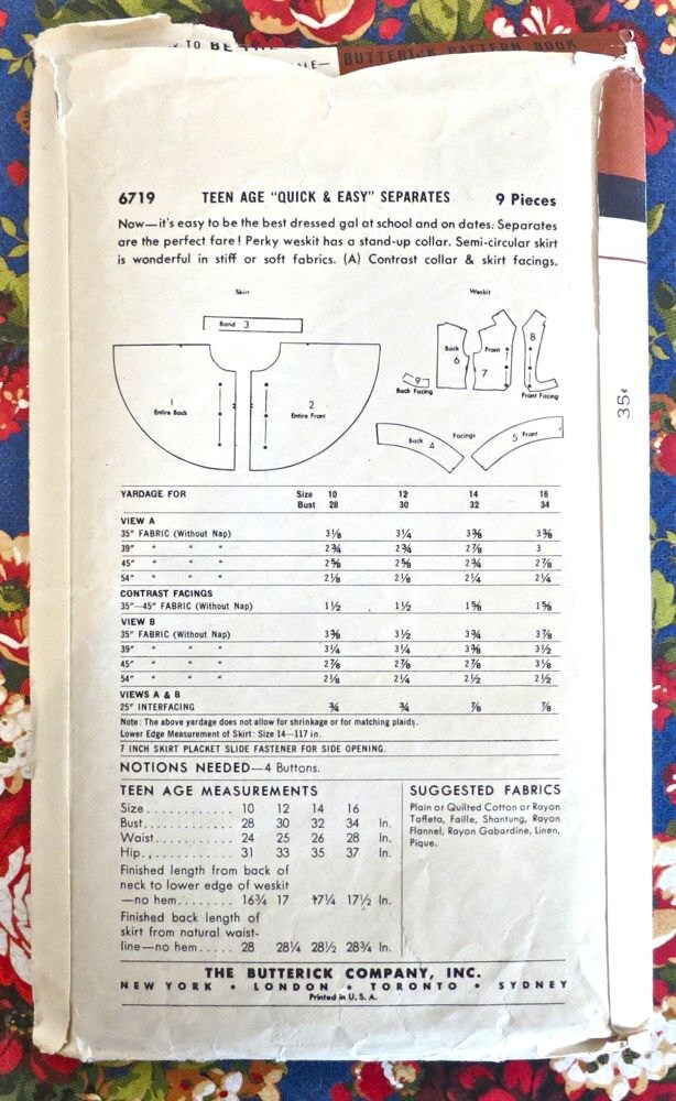 Vintage 1950s Teen Girls Dress Pattern Two Piece With Skirt and Weskit ...