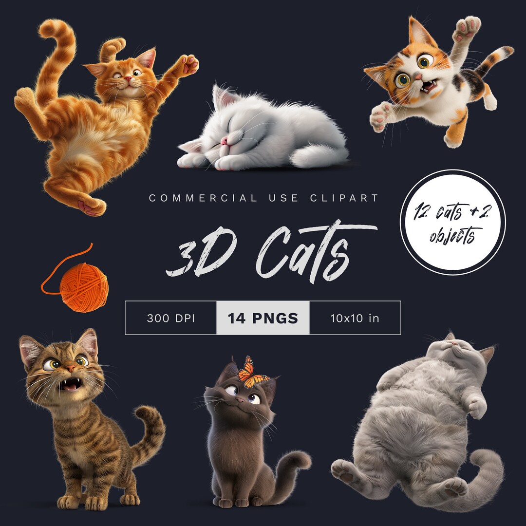 3D Cats | Cat Clipart | PNG Format | Instant Download for Personal and ...