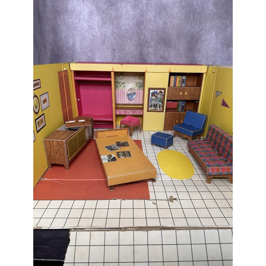 Vintage 1962 Barbie Dream House With Furniture Cardboard Tv Bed Chair ...