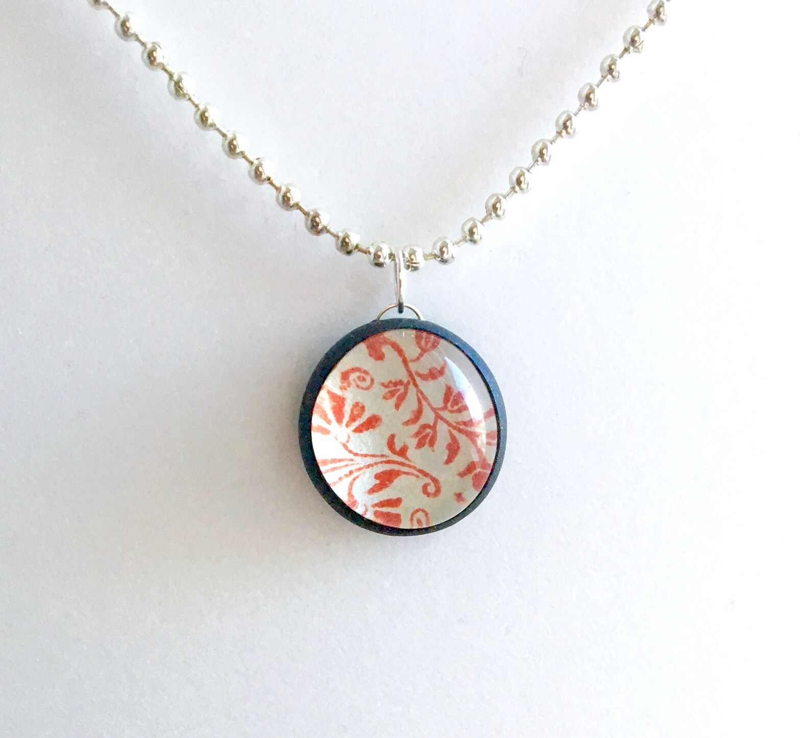 Red Floral Calico Pendant Necklace, Polymer Clay and Glass Mini Pendant ...