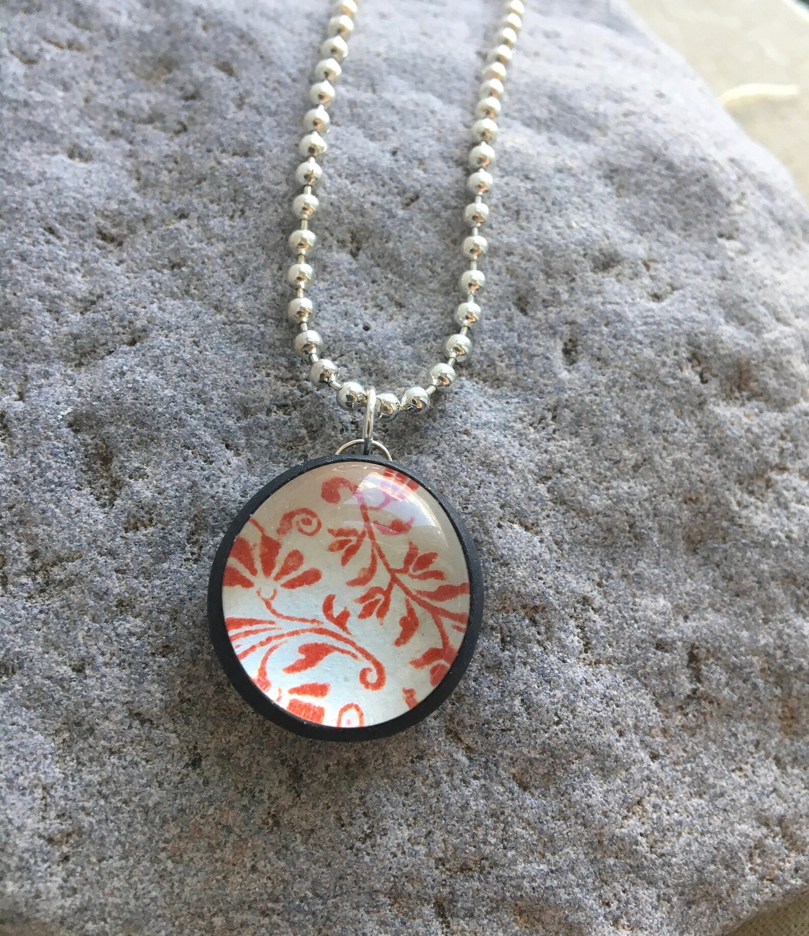 Red Floral Calico Pendant Necklace, Polymer Clay and Glass Mini Pendant ...