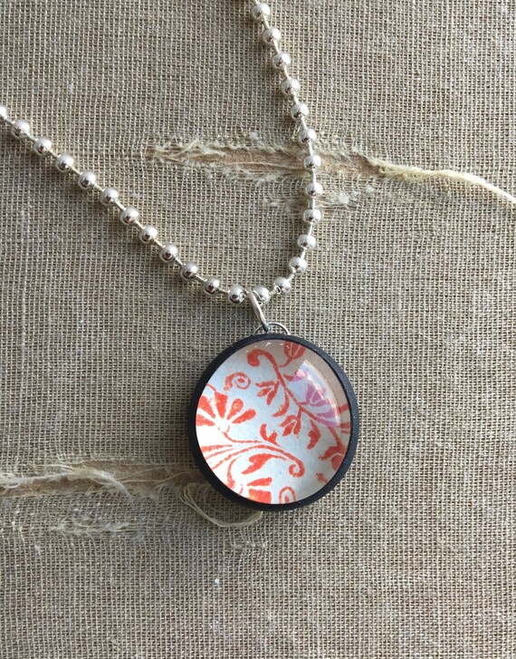 Red Floral Calico Pendant Necklace Polymer Clay and Glass | Etsy