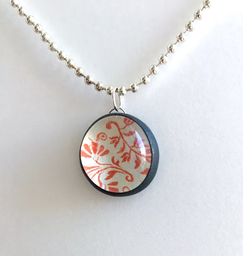 Red Floral Calico Pendant Necklace, Polymer Clay and Glass Mini Pendant ...