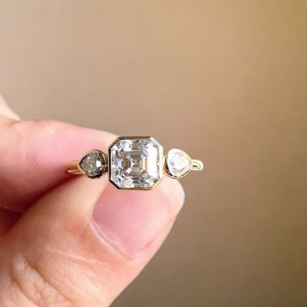 2CT Full Bezel Set Three Stone Anniversary Ring, Asscher Cut Colorless ...