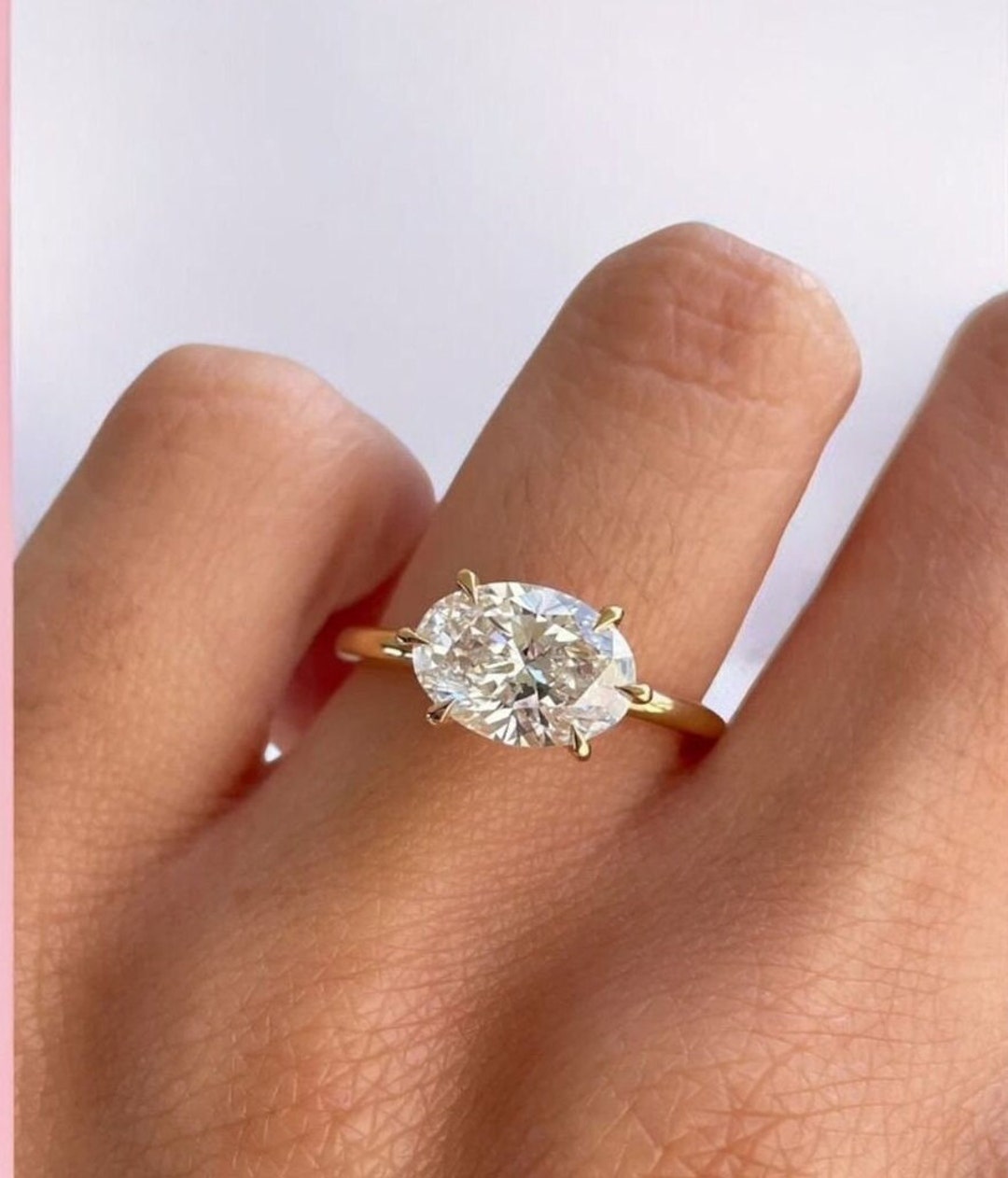 2.0CT East West Oval Cut Lab Grown Engagement Ring F VS1 14/18K Gold Horizontal Oval Wedding ...