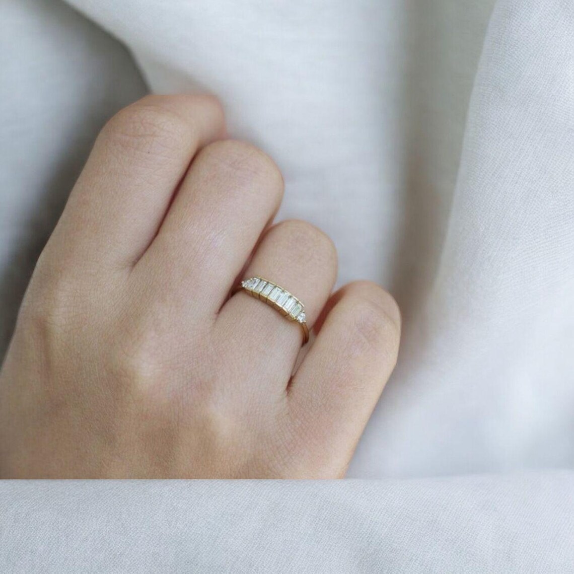 Seven Baguette Cut Moissanite Wedding Band, Minimalist Engagement Band ...