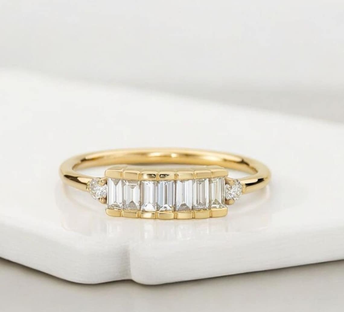 Seven Baguette Cut Moissanite Wedding Band, Minimalist Engagement Band ...
