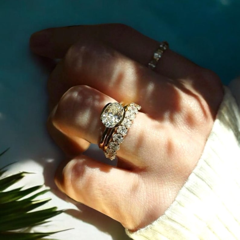 East West Oval Solitaire Engagement Ring, Half Bezel Oval Moissanite ...