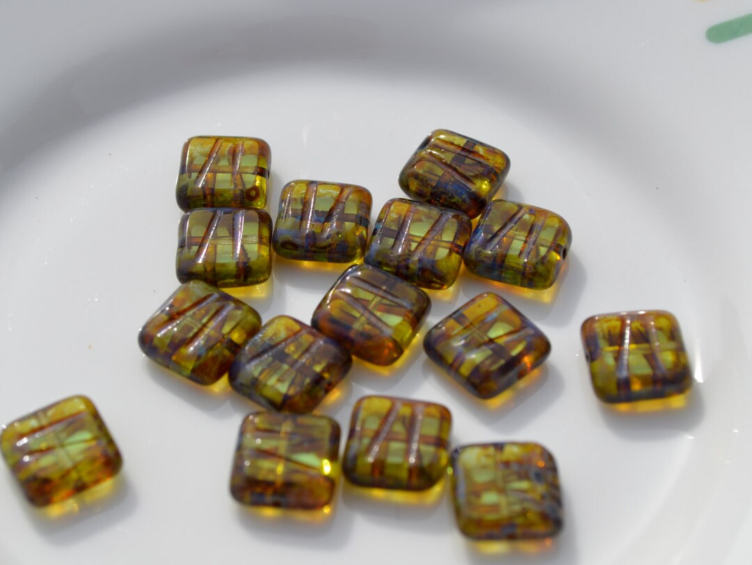 Peridot Green and Picasso 10mm Carved Square Beads 15 - Etsy