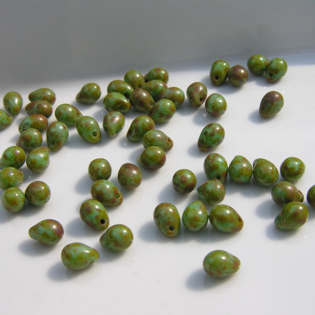 Green Turquoise Picasso Czech Glass Drop Beads 25 - Etsy