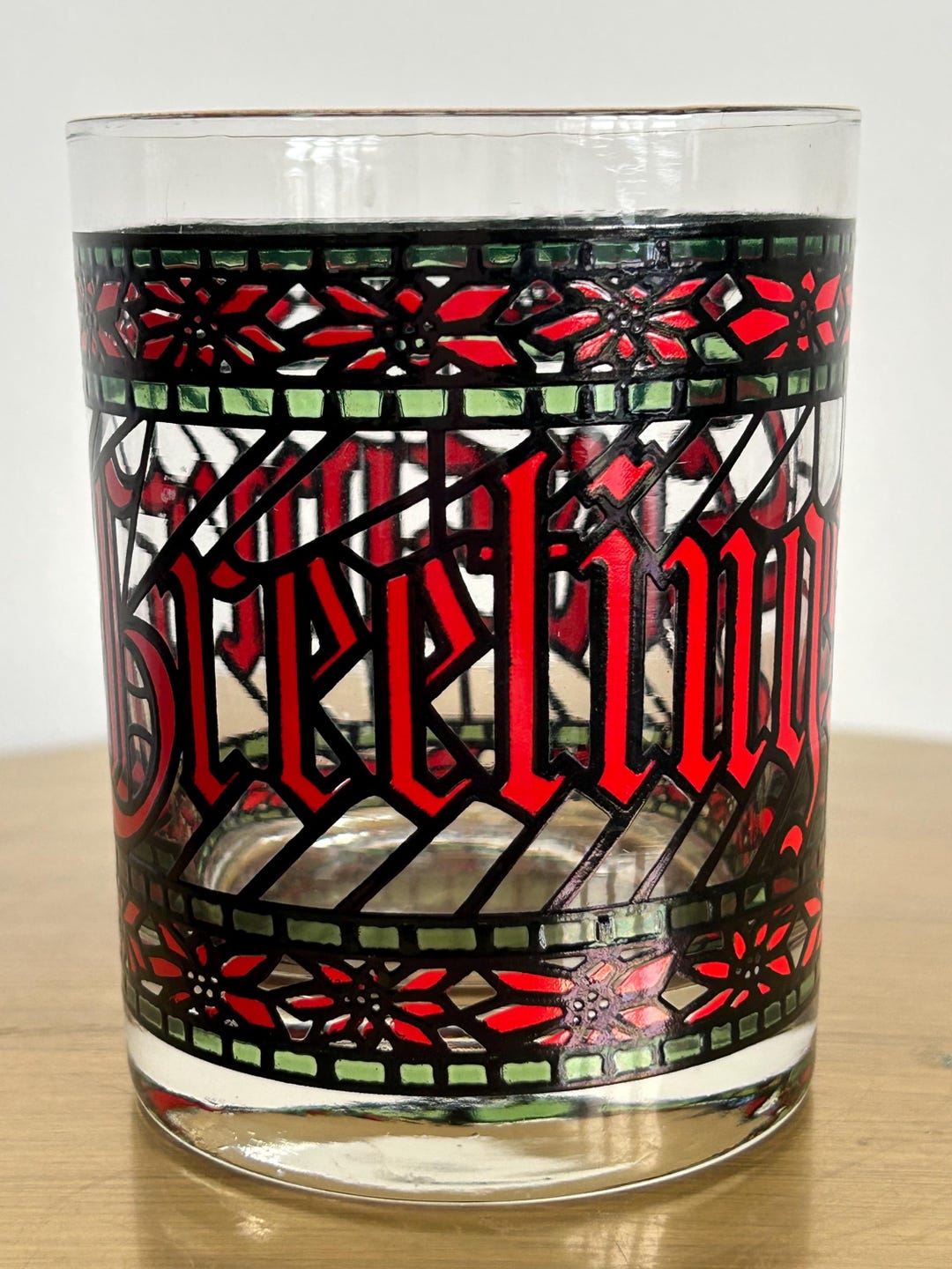 Vintage Houze Seasons Greetings Glass | MCM Christmas Lowball | Stained ...