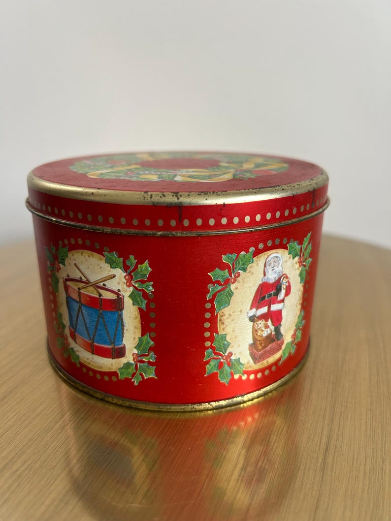 Vintage Christmas Tin Box • Holly & Stocking Graphics • Red Metal ...