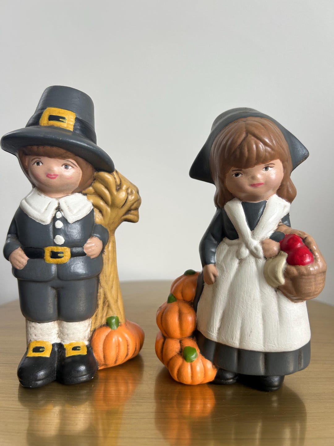 Vintage Ceramic Pilgrim Couple Figurines – Handmade 1980s Thanksgiving ...