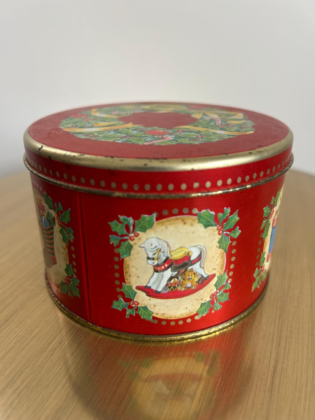 Vintage Christmas Tin Box • Holly & Stocking Graphics • Red Metal ...