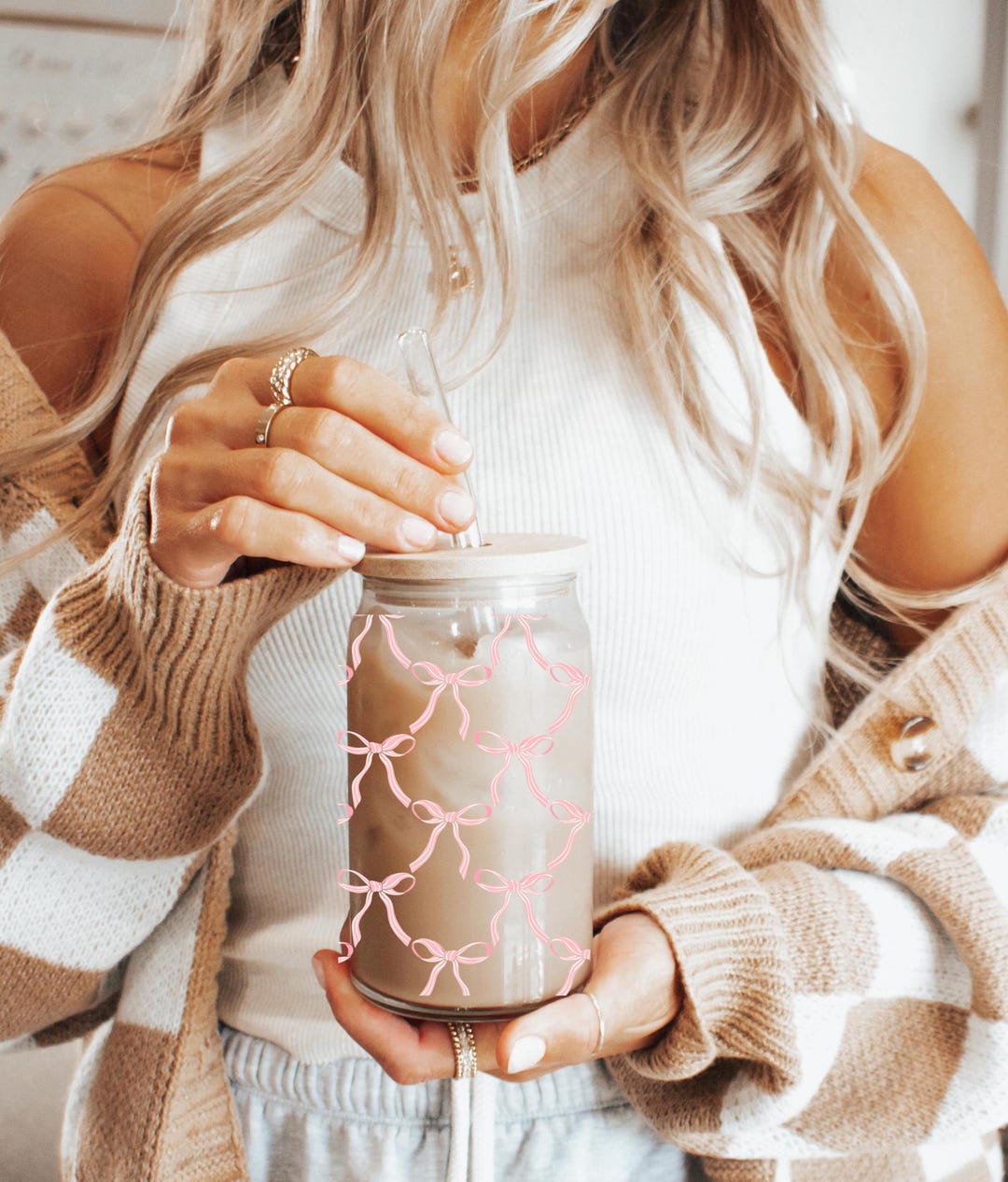 Cute Pink Coquette Glass Tumbler With Bamboo Straw and Lid Pink Bow ...