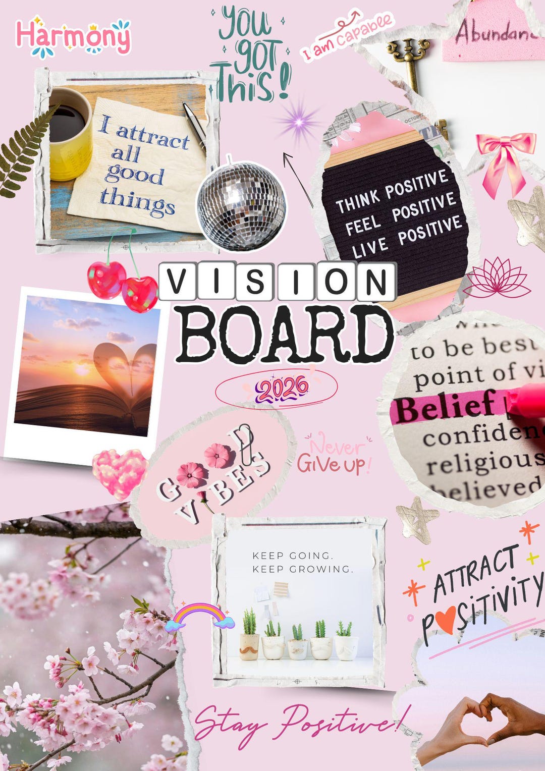 Positivity Vision Board 2026, Abundance, Quotes and Positive Words ...