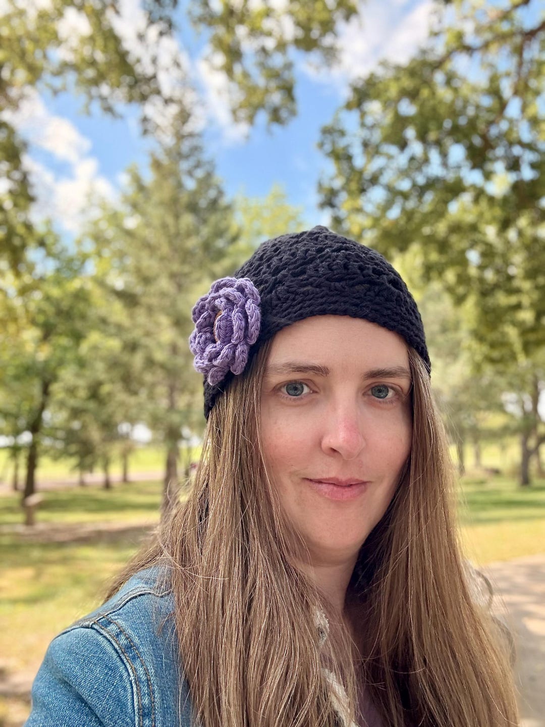 Lacy Black Crochet Slouch Beanie With Lilac Floral Accent: Cottagecore ...