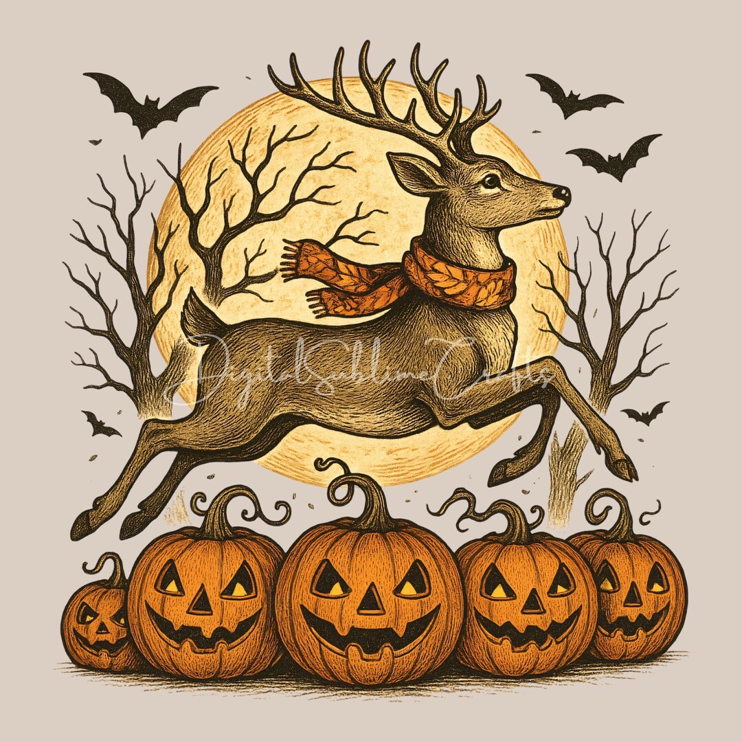 Halloween Deer PNG: Leaping Stag, Pumpkins, Full Moon (digital Download ...
