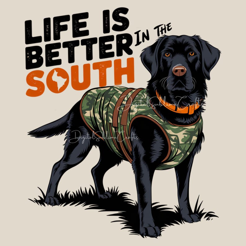 Black Labrador Hunting Dog in Camo Vest Southern Style Sublimation, DTG ...
