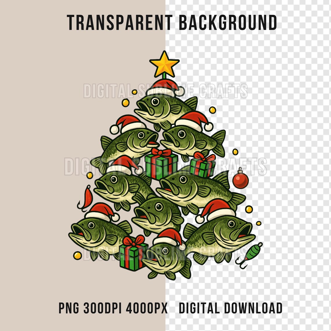 Bass Fish Christmas Tree PNG, Funny Fishing Holiday Sublimation T-shirt ...
