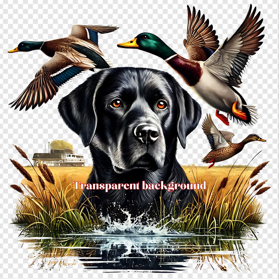 Black Labrador Retriever With Flying Ducks in Wetlands Hunting Dog and ...