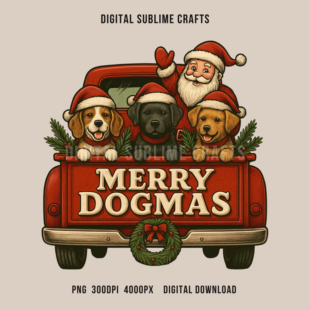 Merry Dogmas Christmas PNG: Vintage Santa Dogs T-shirt Design (digital ...