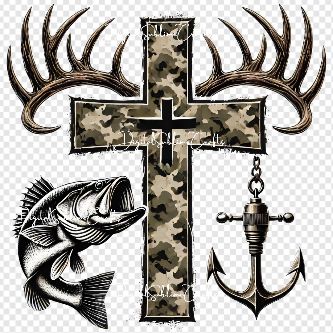 Hunting Fishing Cross Camo Sublimation Design, Deer Antler, Anchor and ...