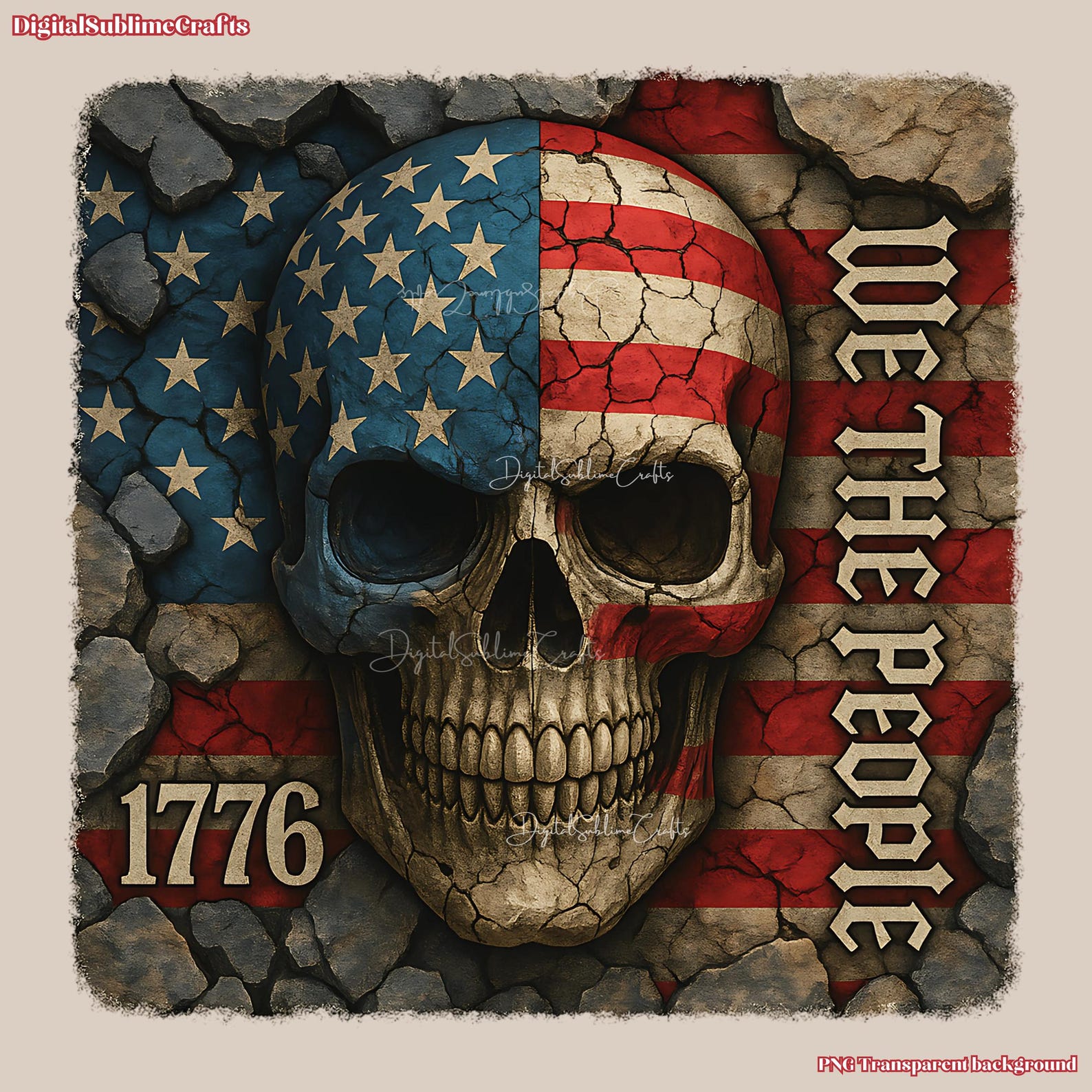 Patriotic Skull PNG: 1776 American Flag Grunge Design (digital Download ...