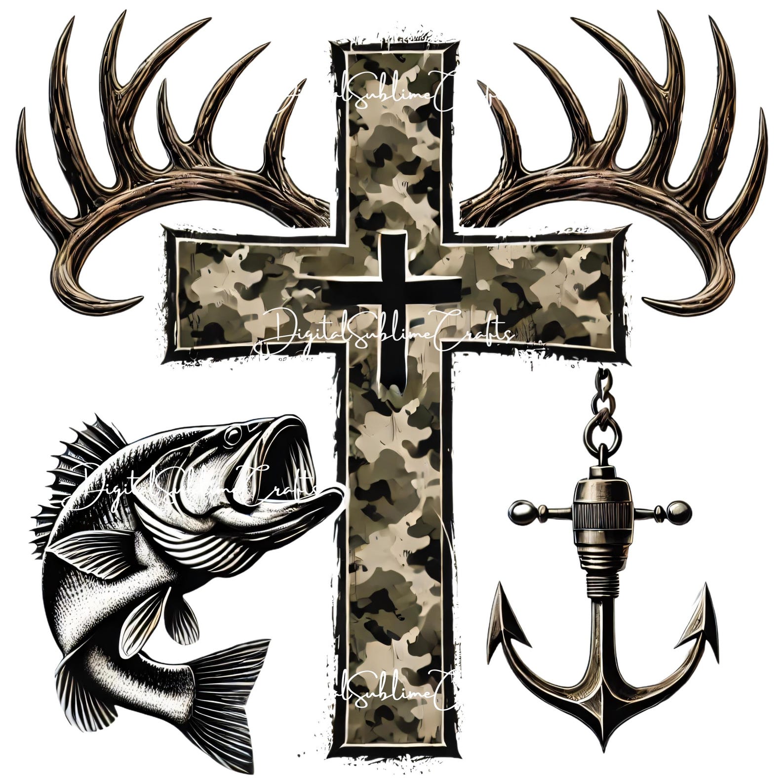 Camo Cross Hunting Fishing PNG: Deer Antler, Bass Design (digital ...