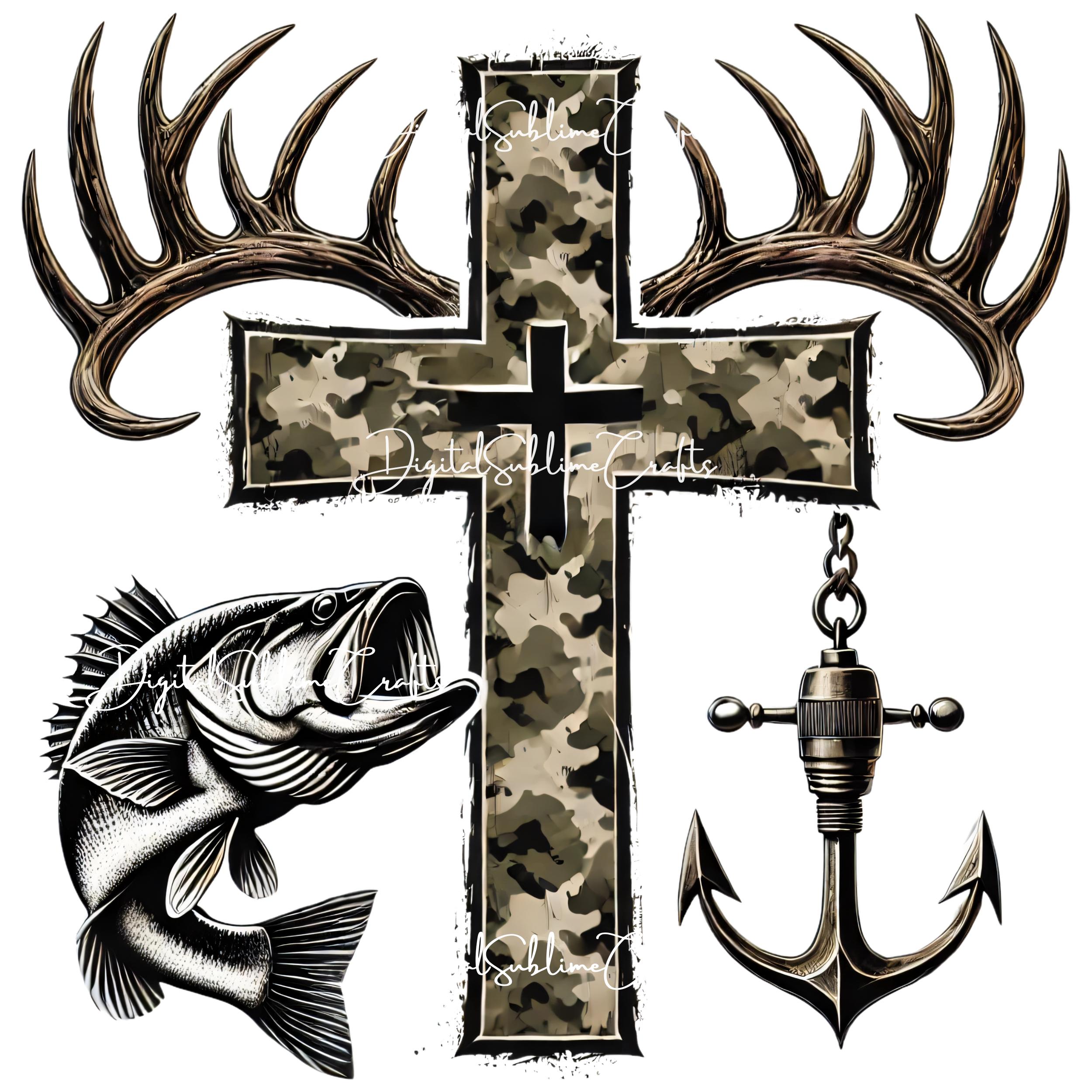 Camo Cross Hunting Fishing PNG: Deer Antler, Bass Design (digital ...