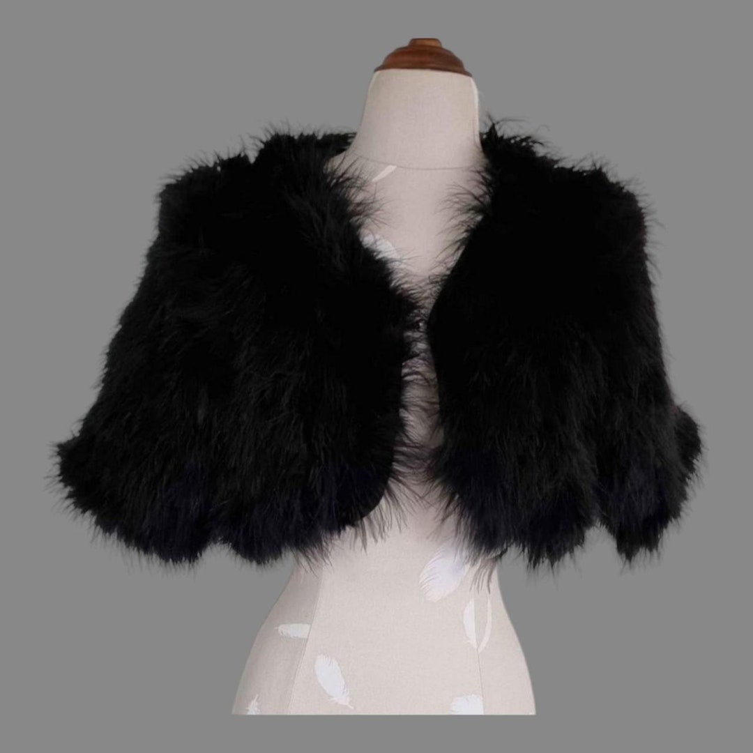 Black Feather Cropped Jacket Bolero Wedding Formal Dress Party Women's ...