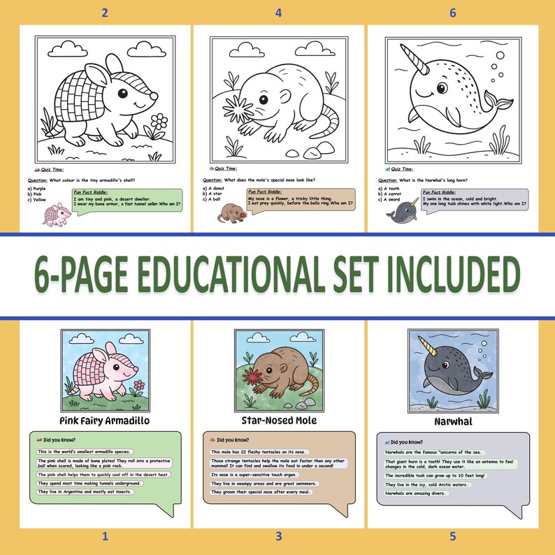 Rare Animals Educational Coloring Pages | Pink Armadillo, Narwhal, Mole ...